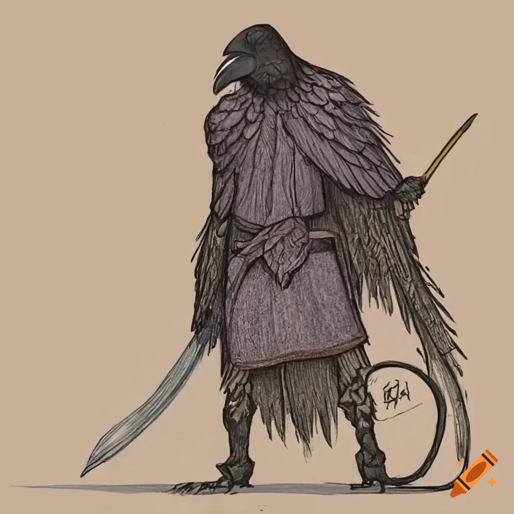 Detailed sketch of a kenku raven with a giant sword on Craiyon