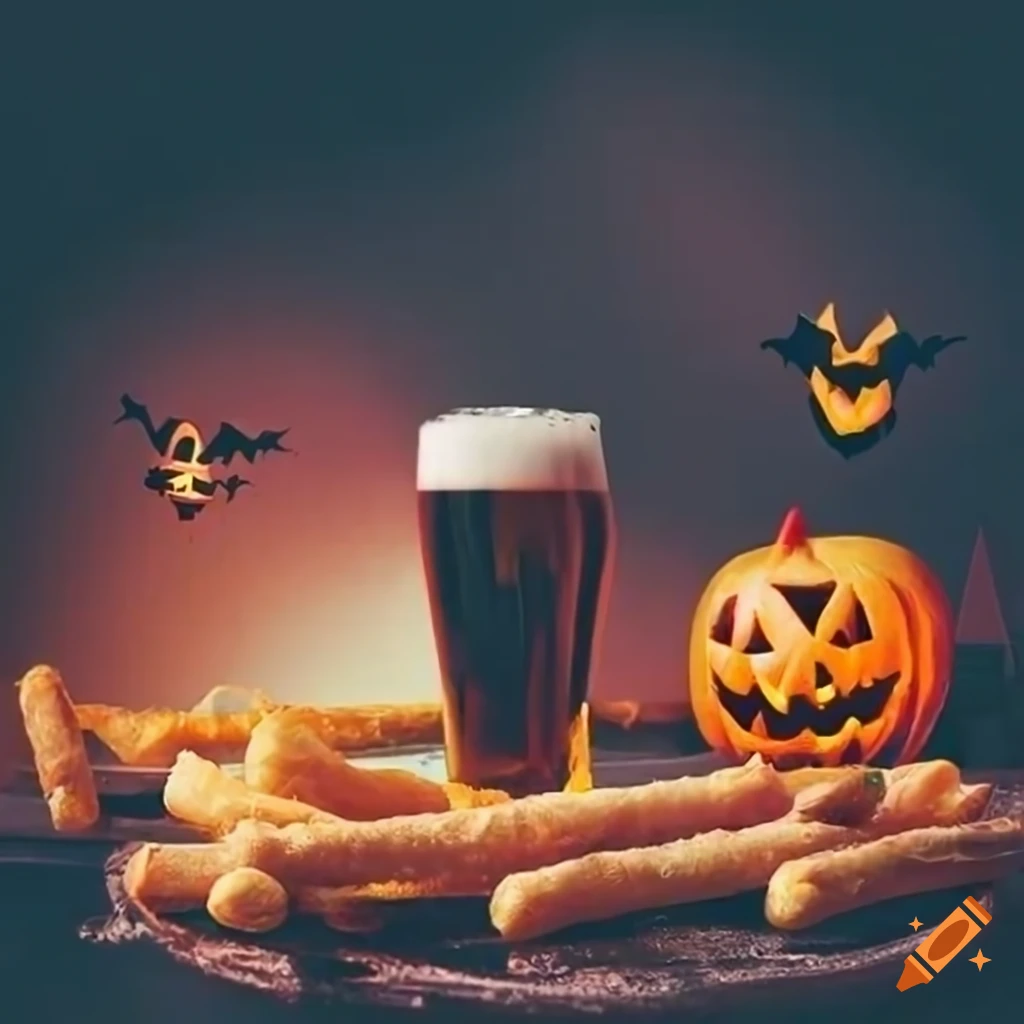 Party banner with Halloween theme and delicious fried foods on Craiyon