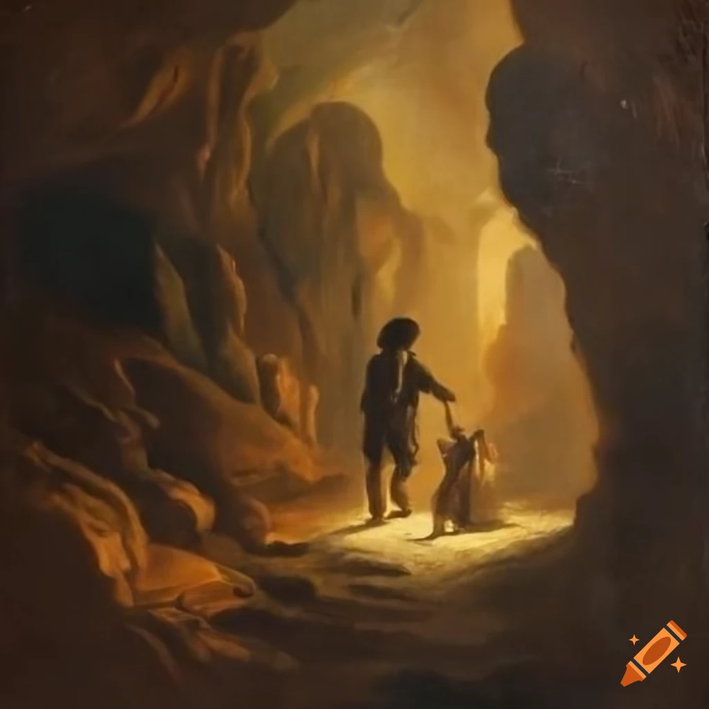 Oil painting of a man exploring a cave