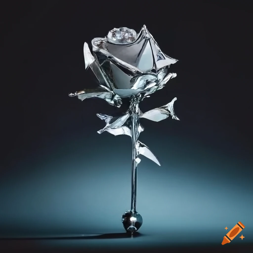 Shiny chrome ornaments of thorny roses around crystals with a destroyed ...