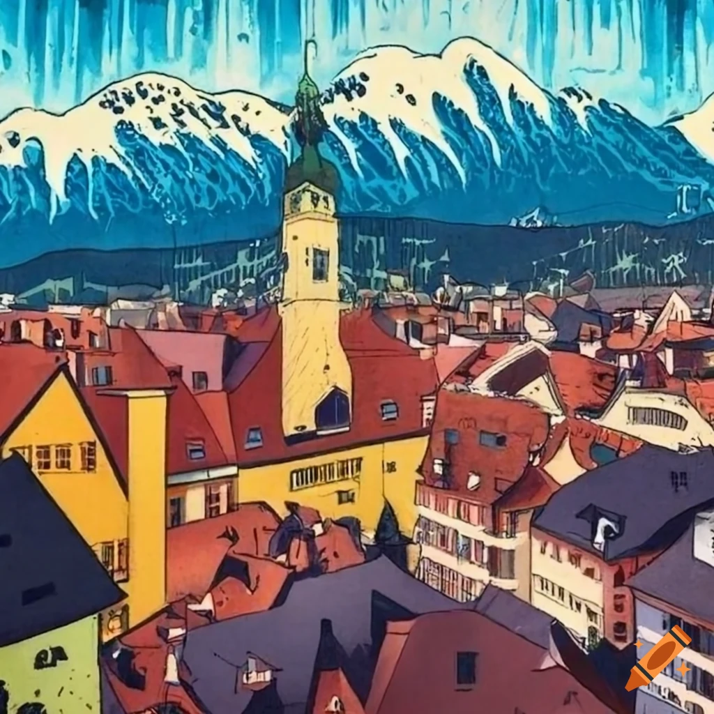 Colorful houses in innsbruck, inspired by hokusai woodblock style on ...