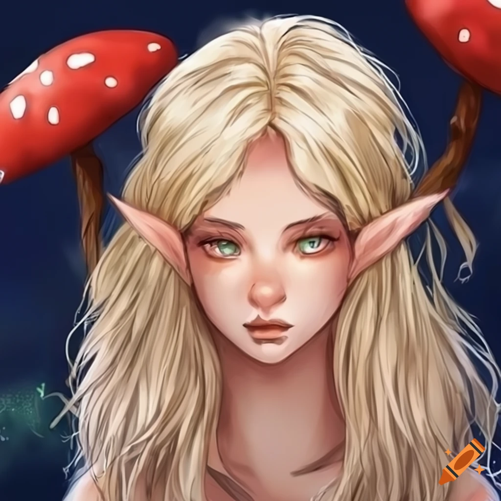 Blond-haired elf girl with mushroom on Craiyon