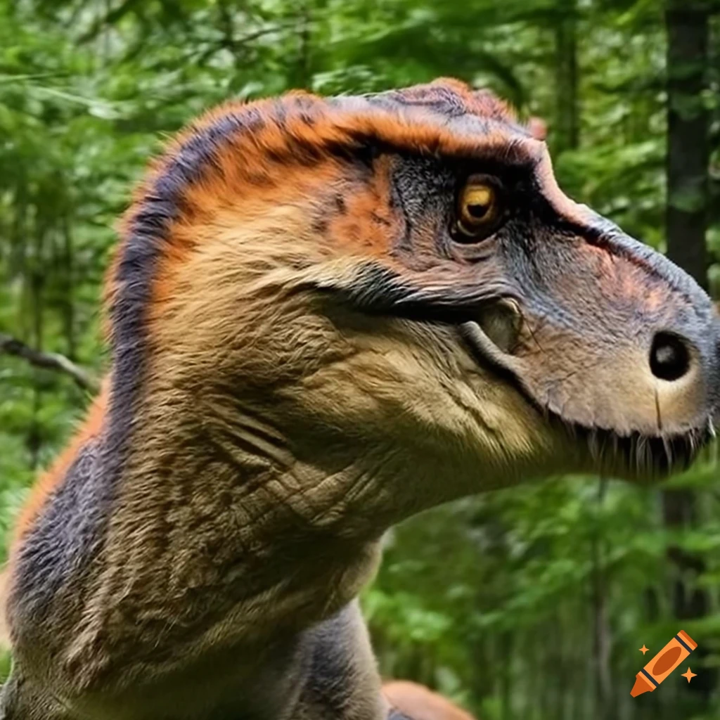 Vibrant digital art of a velociraptor-penguin hybrid in a forest during the day on Craiyon