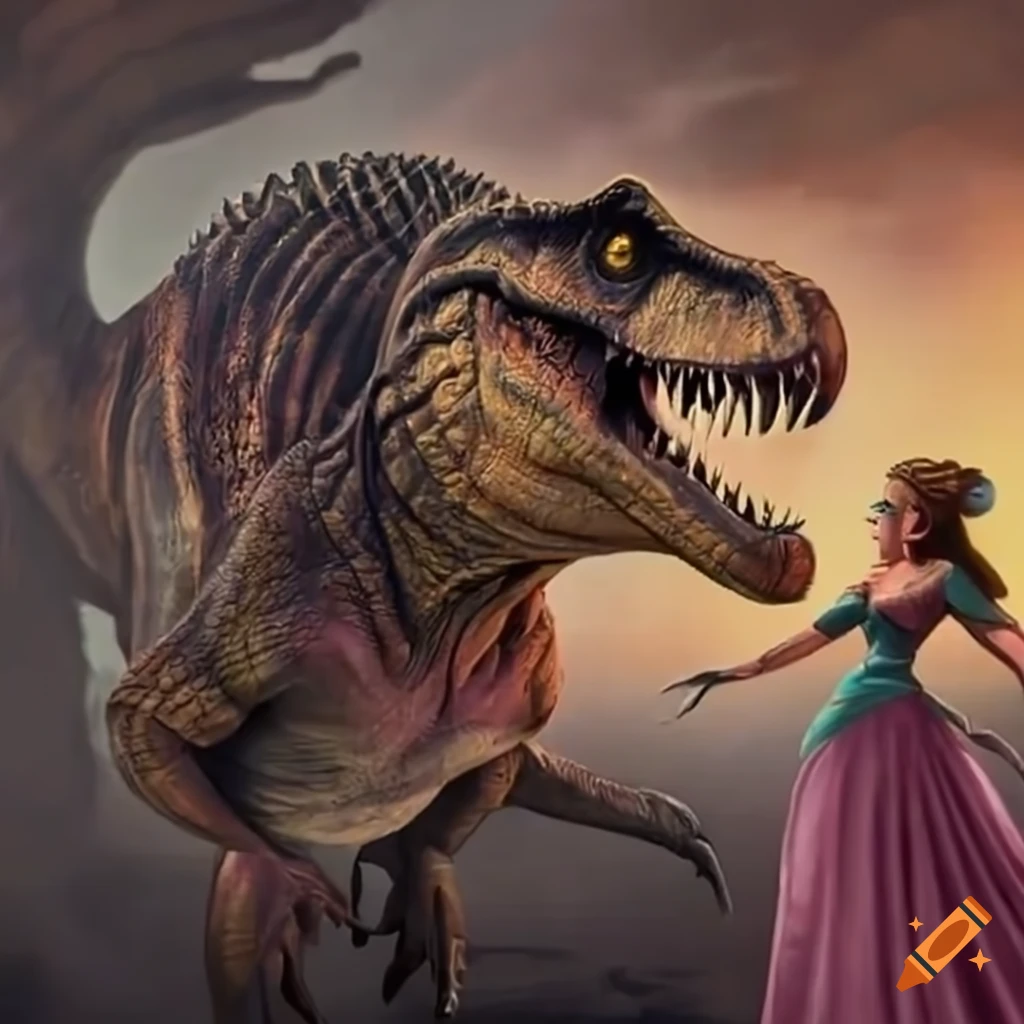 Illustration of a tyrannosaurus defeating an evil princess