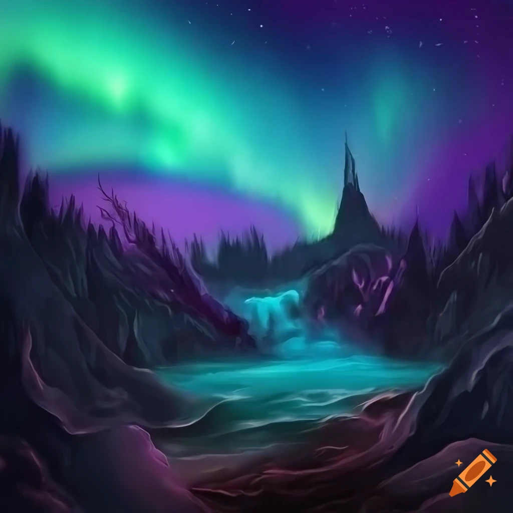 Gothic fantasy landscape with rivers of lava and thundering sky on Craiyon