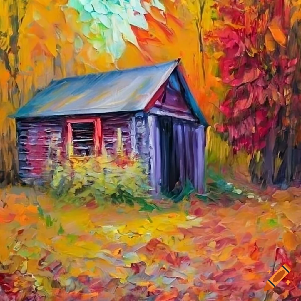 Colorful autumn foliage with rustic shed painting