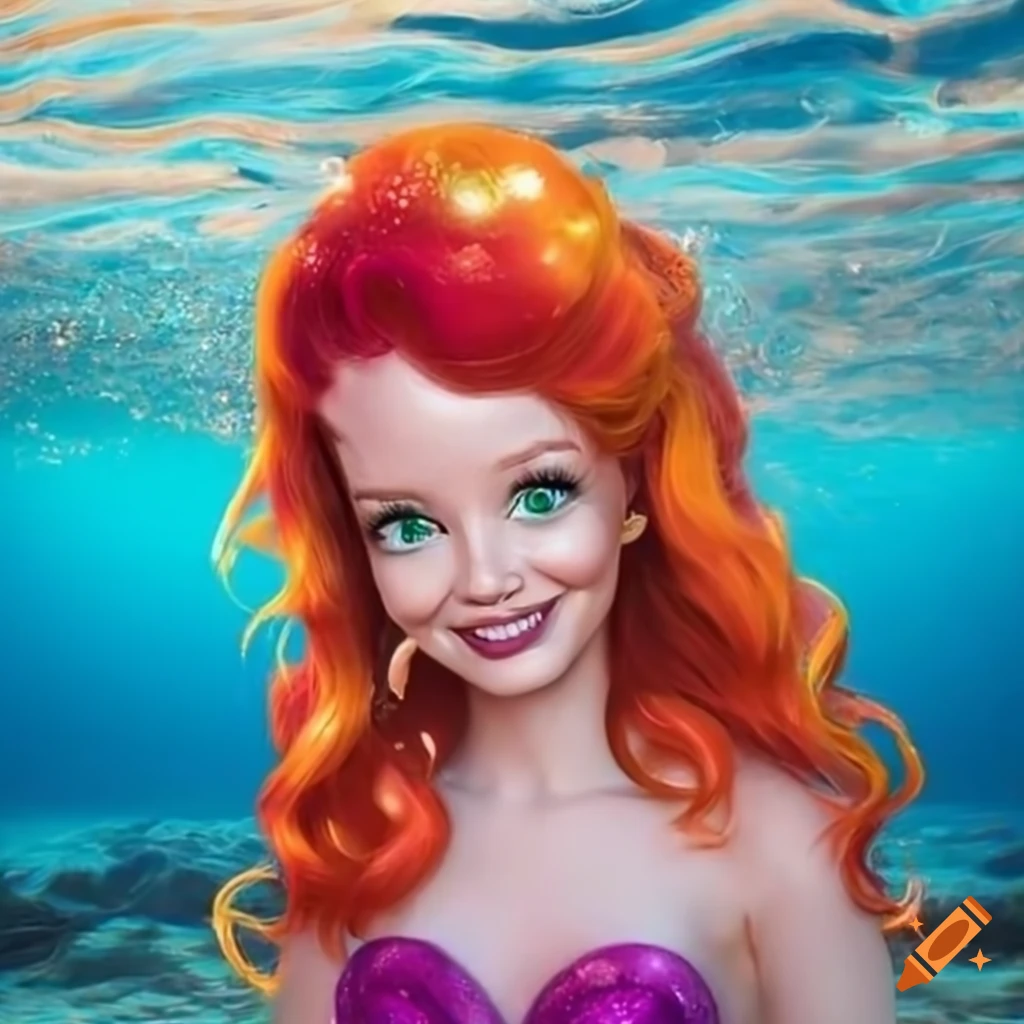 Portrait of a smiling little mermaid with colorful hair on a beach on ...