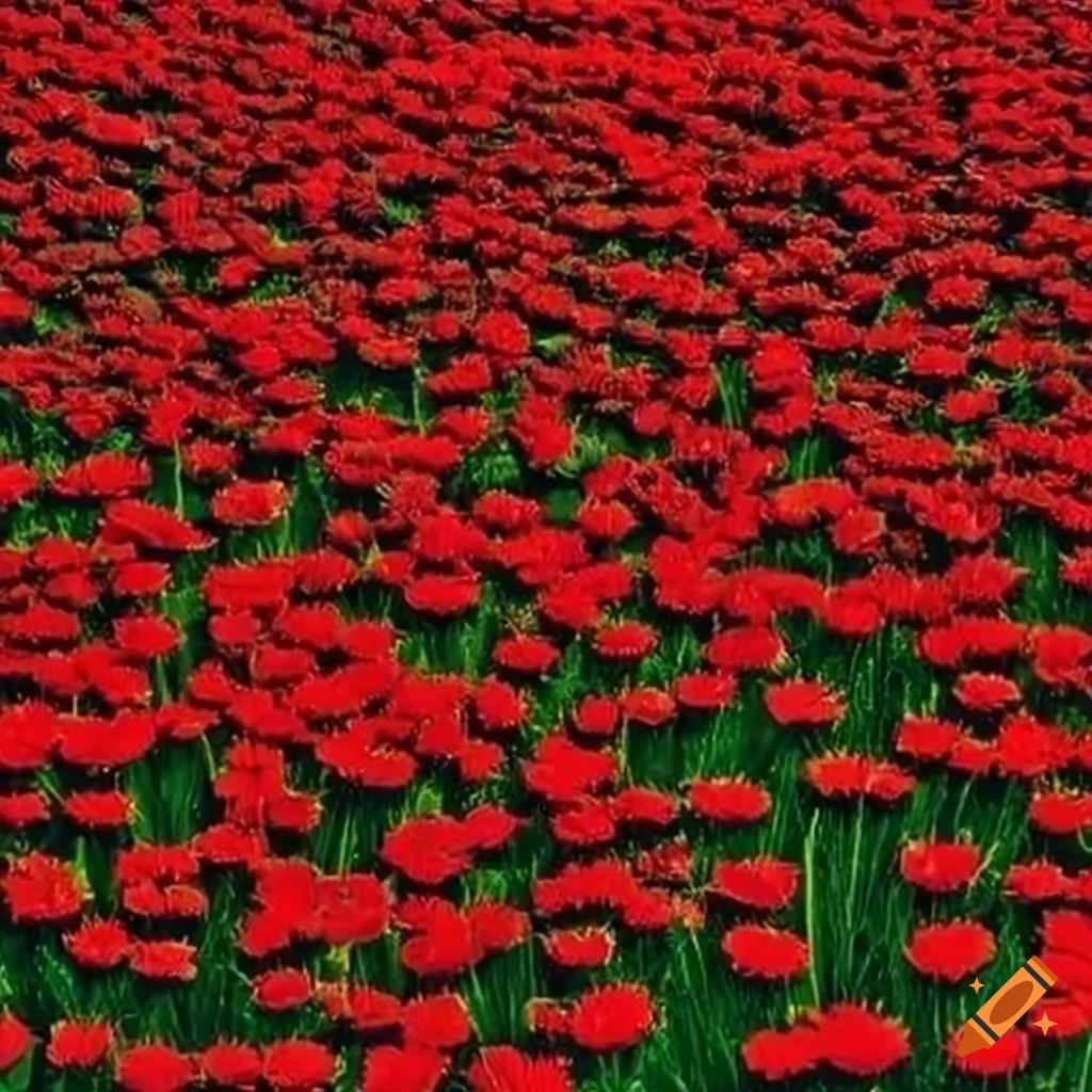 Aerial view of a field covered in red flowers on Craiyon