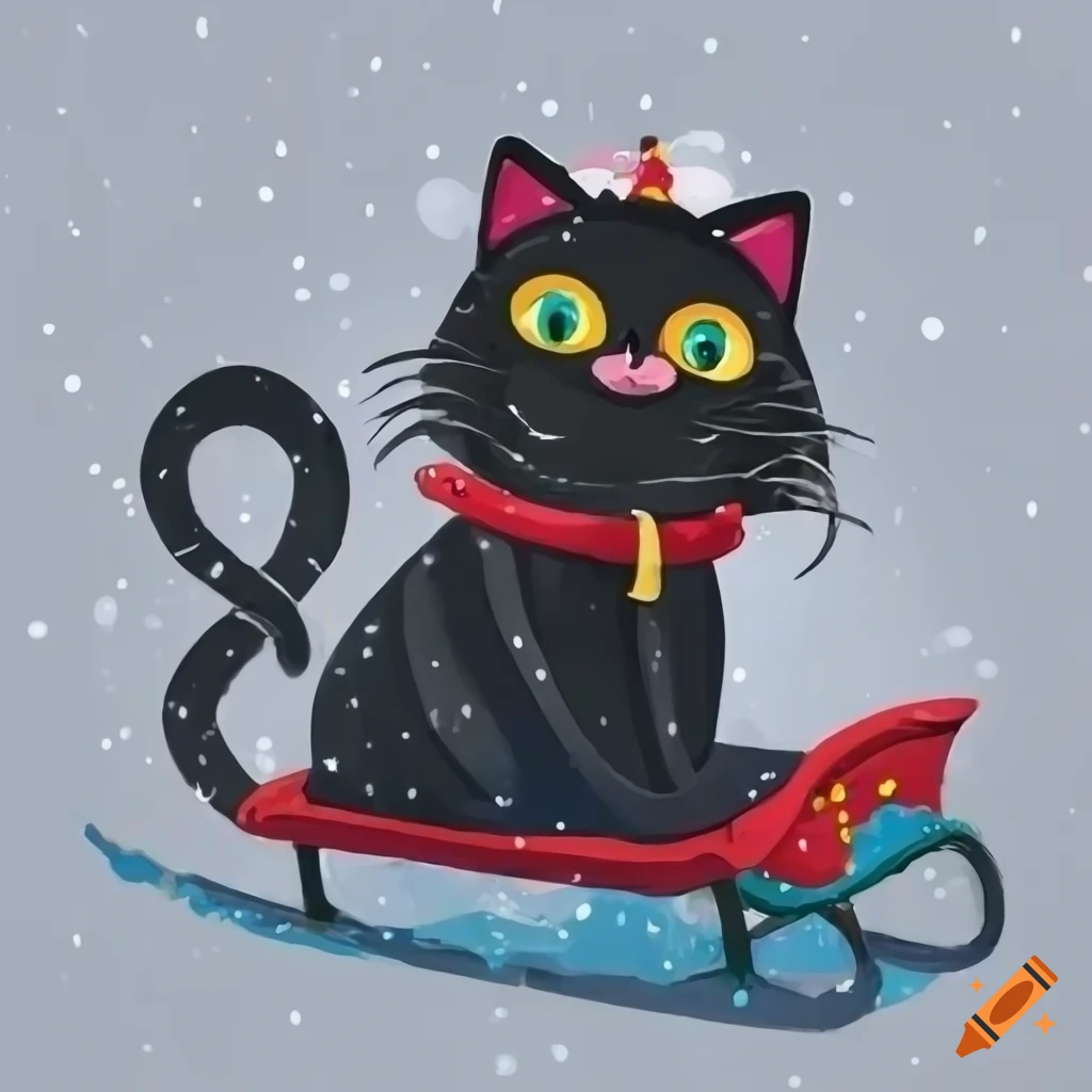 Cartoon art of a black cat sledding in the snow