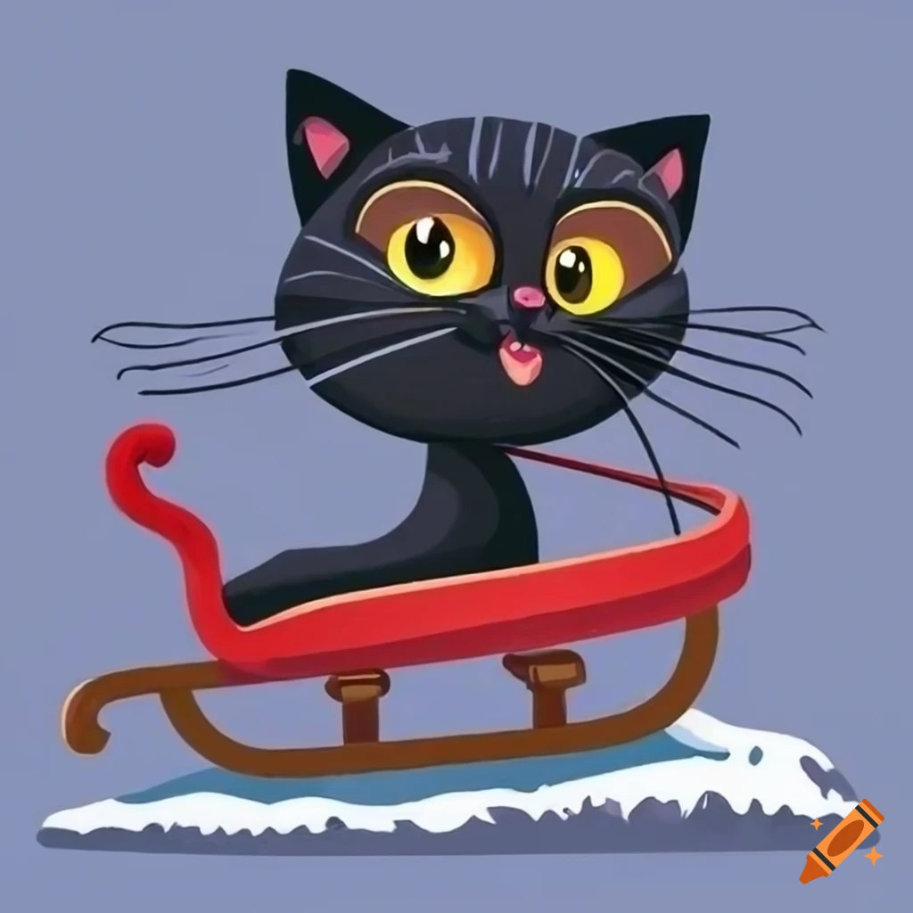 Cartoon art of a black cat sledding in the snow on Craiyon