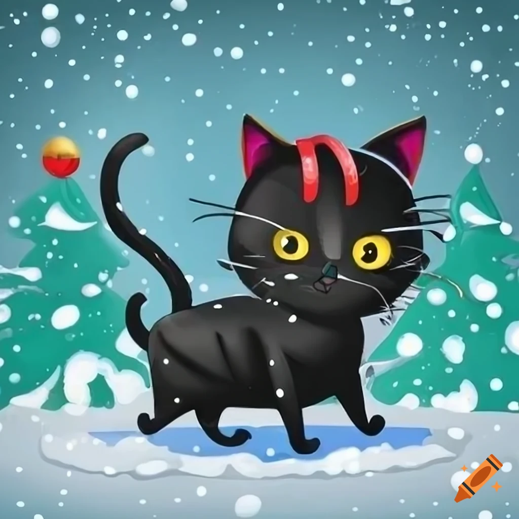 Cartoon art of a black cat riding a sled in the snow on Craiyon