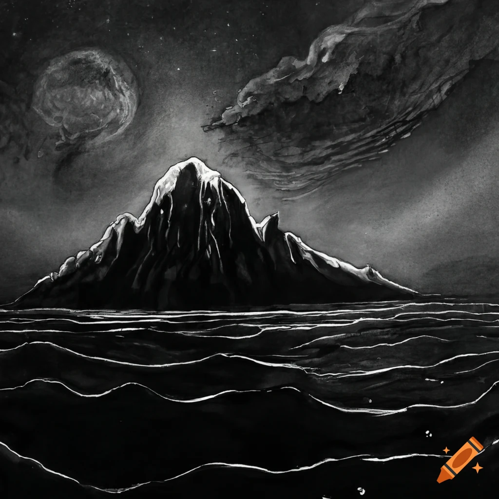 Black and white ink drawing of a desolate island in stormy waters on ...