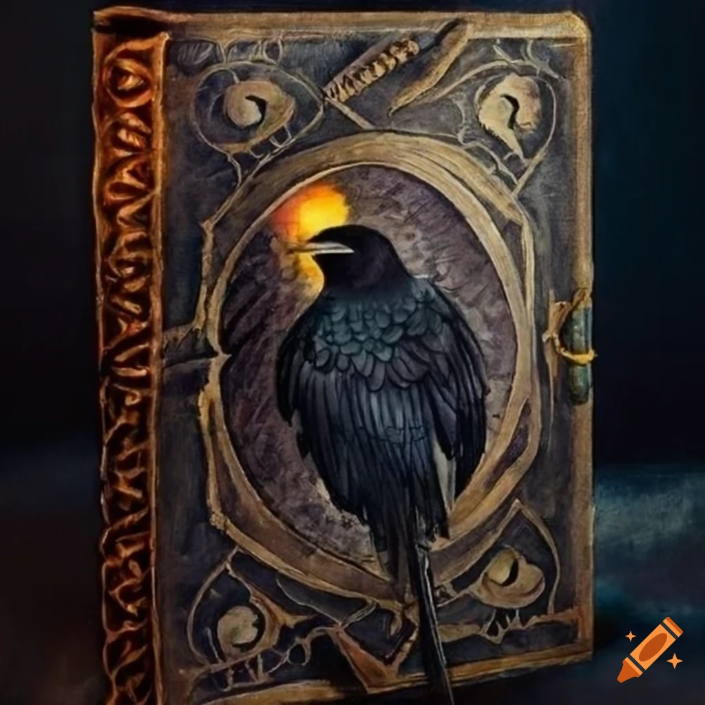 Watercolor painting of a black leather spellbook with a raven on Craiyon