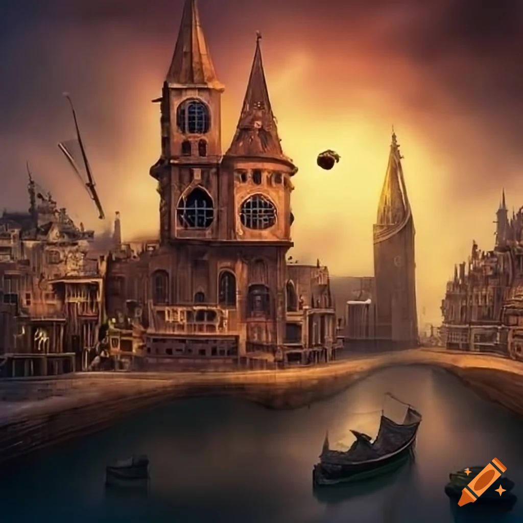 Steampunk fantasy city with canals and domed buildings on Craiyon