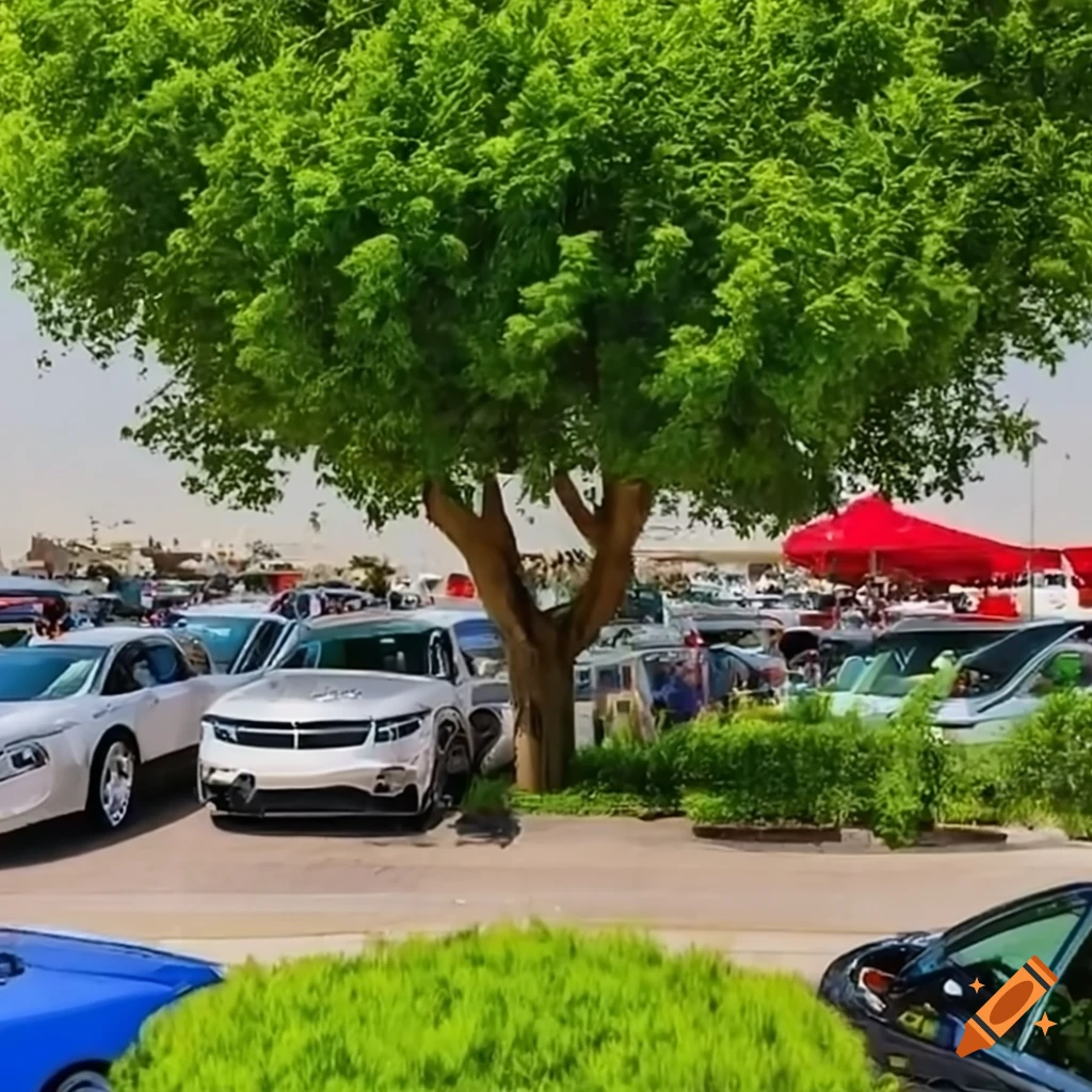 Outdoor car show event amidst green plants and trees on Craiyon