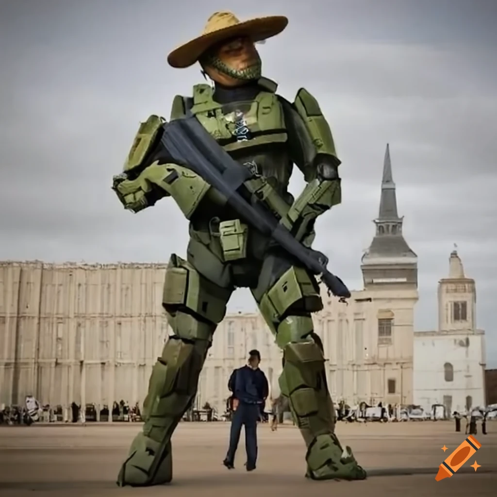 Humorous cosplay of master chief wearing a giant sombrero on Craiyon
