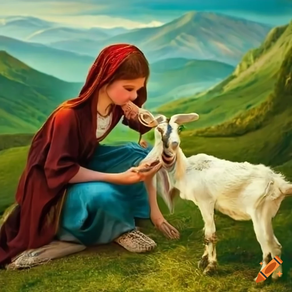 Girl mending a goat in front of a green valley