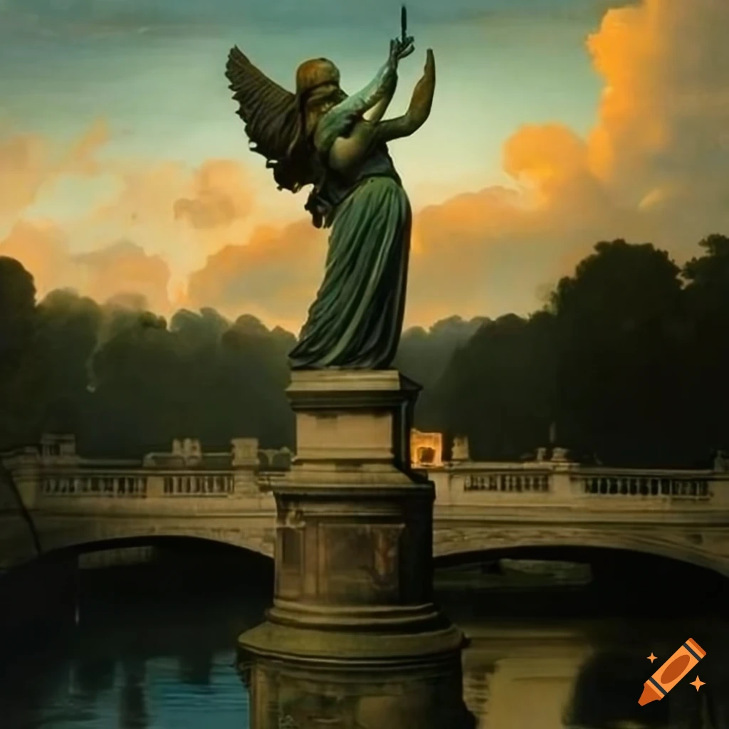 Sculpture of an angel holding a lamp on a bridge in a park on Craiyon