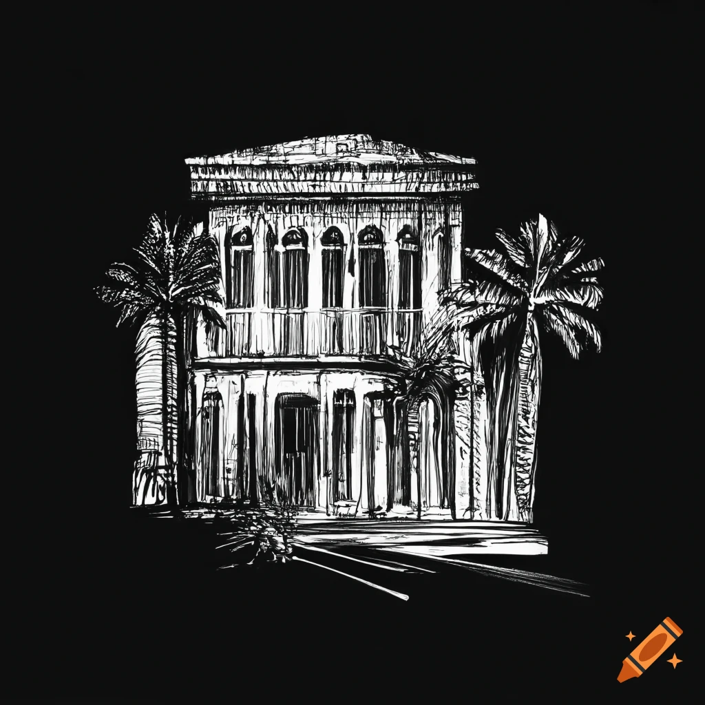 Pencil sketch of french riviera houses with palm trees on Craiyon