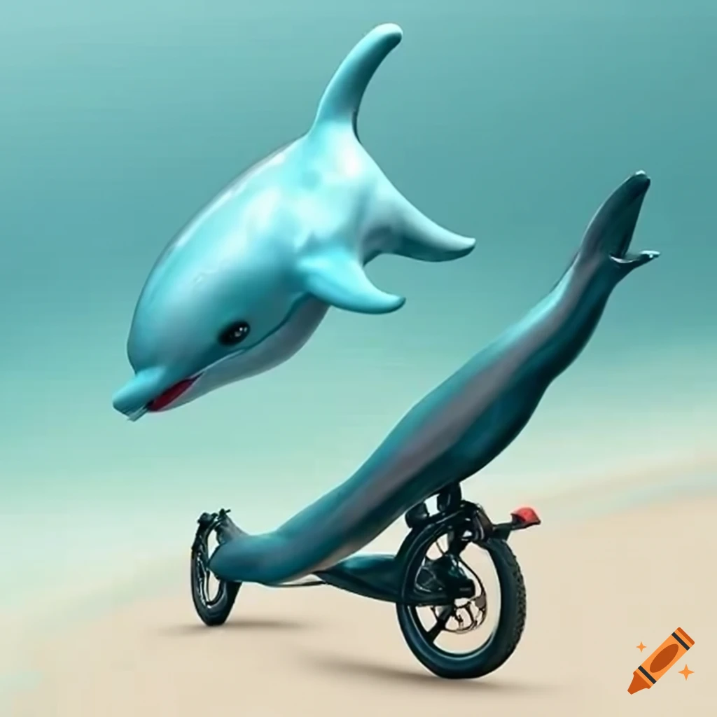 Satirical image of a dolphin riding an electric bike on Craiyon