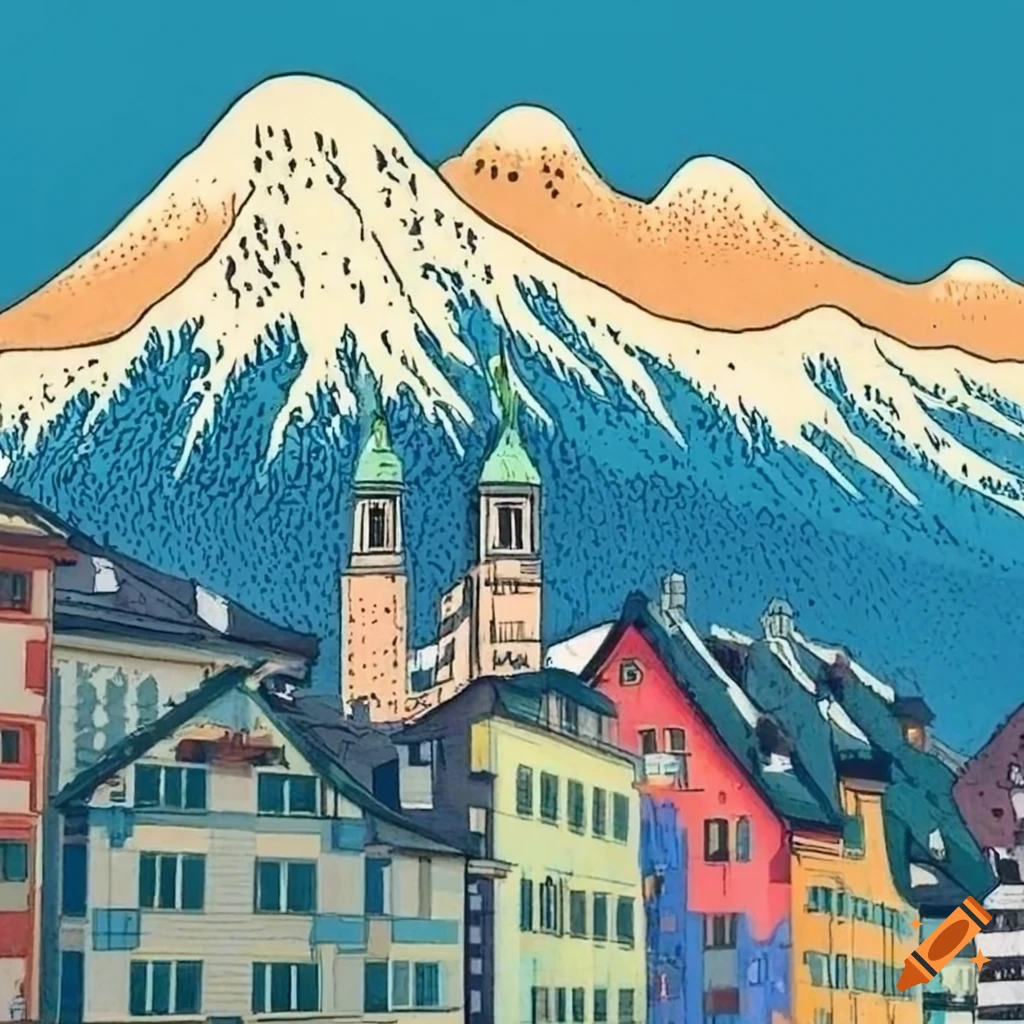 Colorful houses in innsbruck, hokusai woodblock art on Craiyon