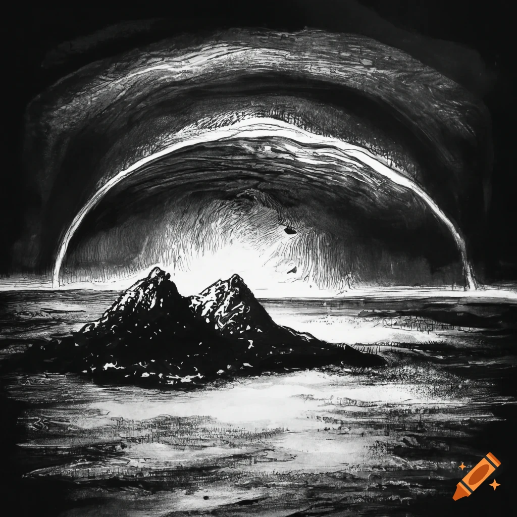 Black and white ink drawing of a desolate island in stormy waters on ...