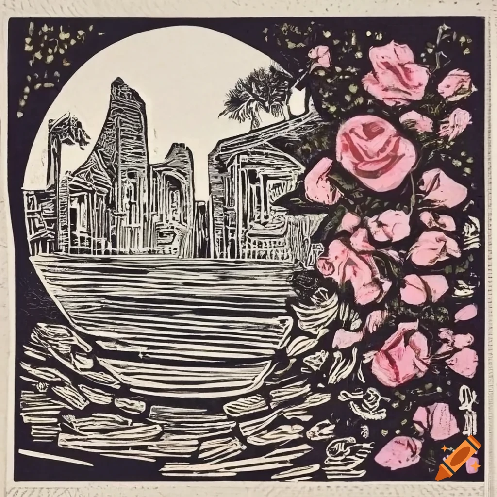 Linocut illustration of blooming roses in ruins on Craiyon