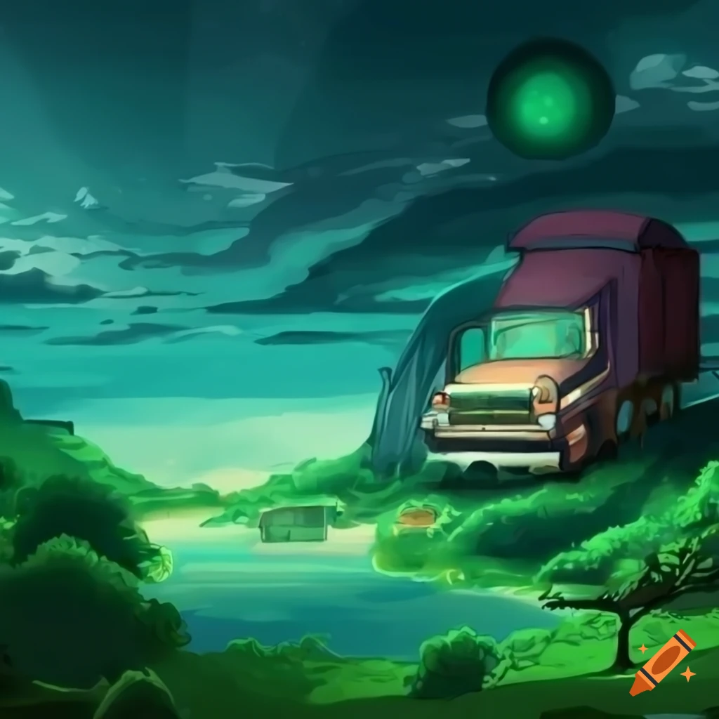 Anime illustration of a truck in a green fantasy world