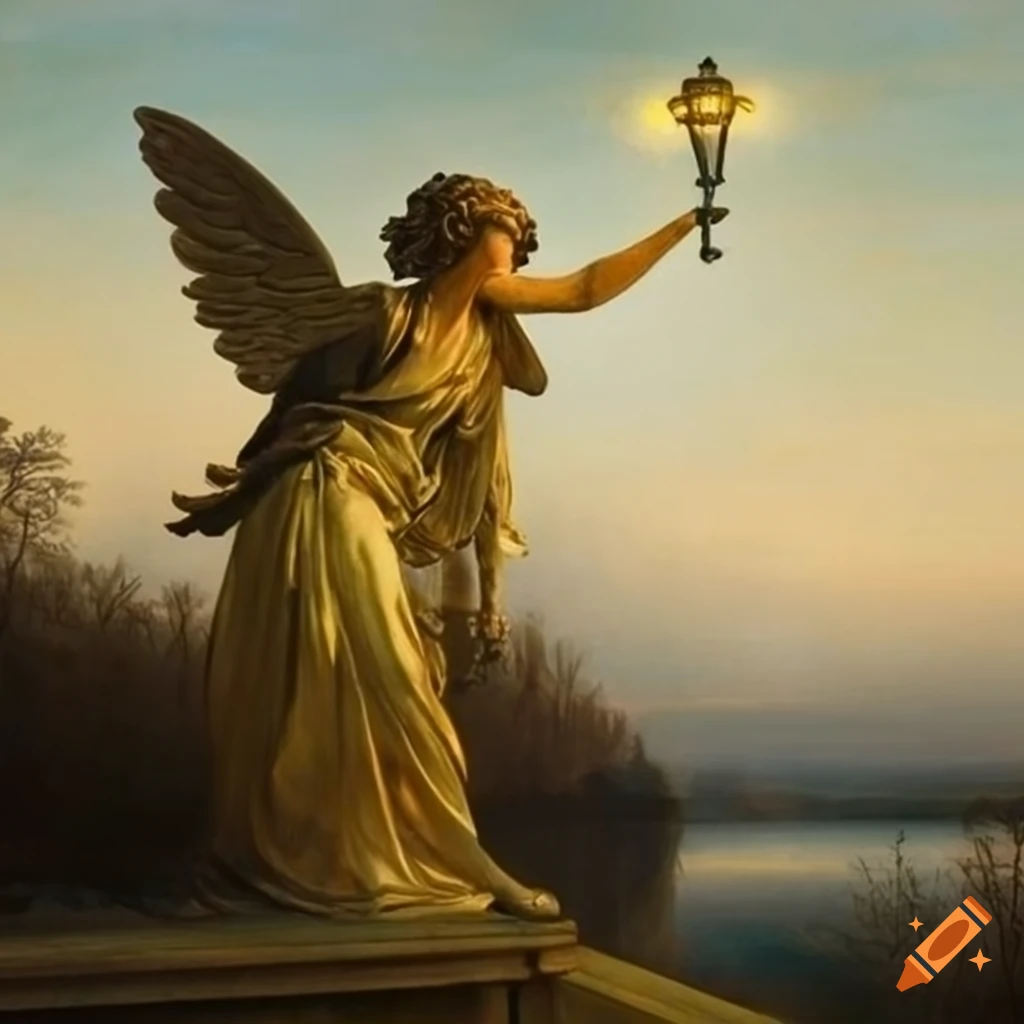 Neo-classical sculpture of an angel in a park on Craiyon