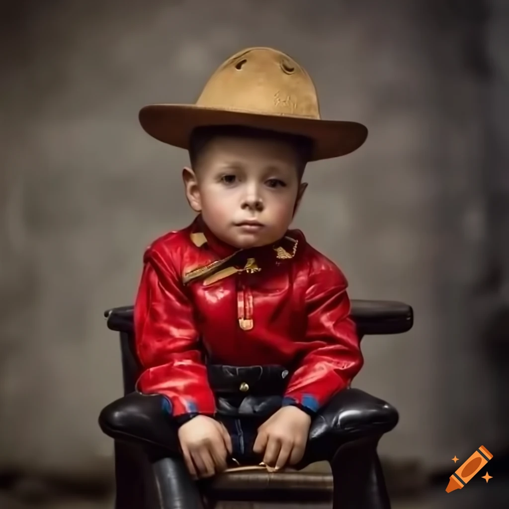 Portrait of a young boy in a red mountie uniform on Craiyon