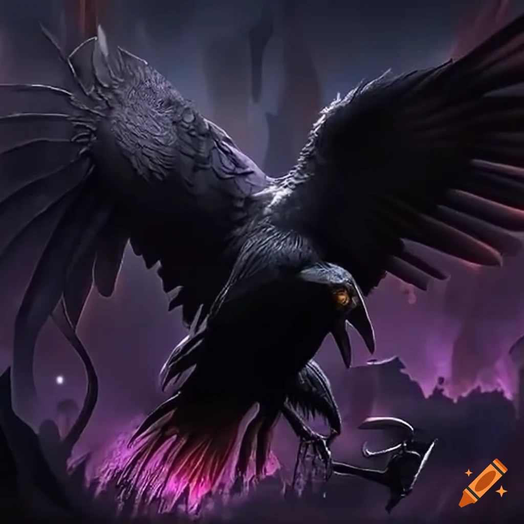Digital art of a raven fighting garbled code on Craiyon