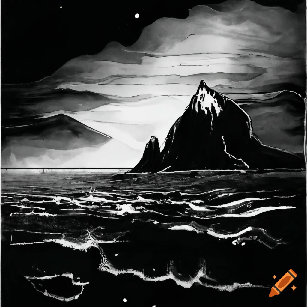Ink drawing of a desolate island in stormy waters on Craiyon