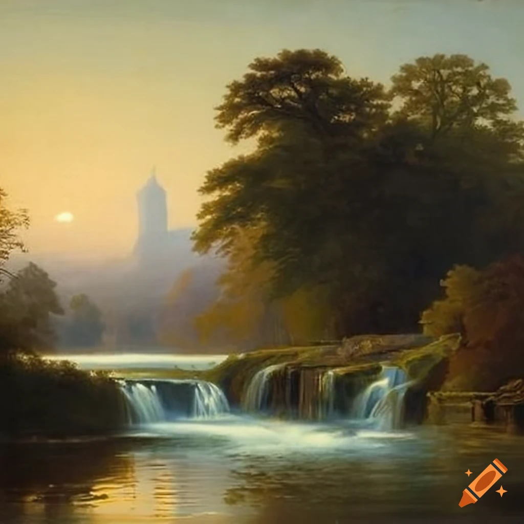 Neoclassical landscape painting with a park, brook and meadow on Craiyon