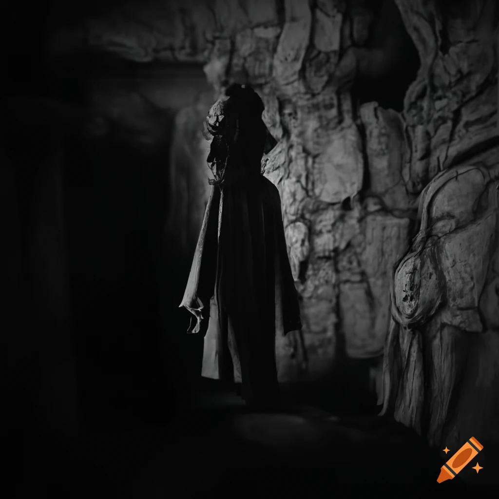 Photorealistic depiction of a mysterious figure inside an old mine