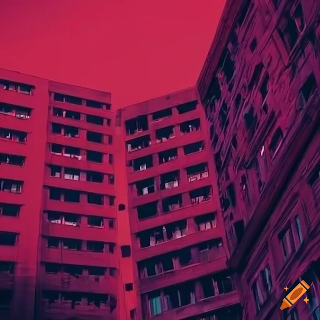 Purple and red toned realistic cityscape with abandoned brutalist architecture on Craiyon