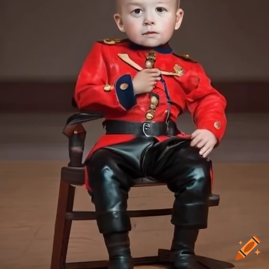 Young boy in red mountie uniform with concerned expression on Craiyon