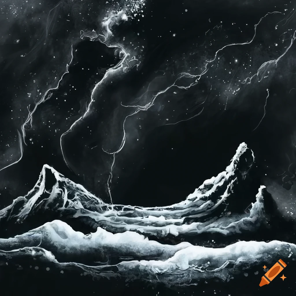 Black ink illustration of a stormy sea and northern island on Craiyon