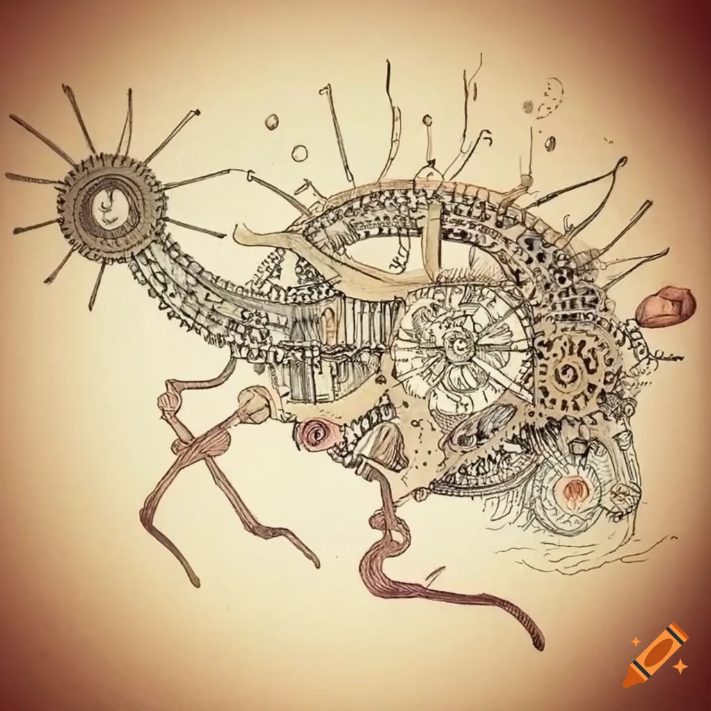 Handdrawn diagram of a steampunk organism on Craiyon