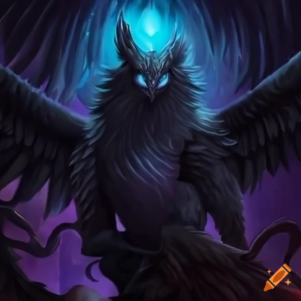 Astral-themed raven owl hybrid demon character in ethereal fantasy ...
