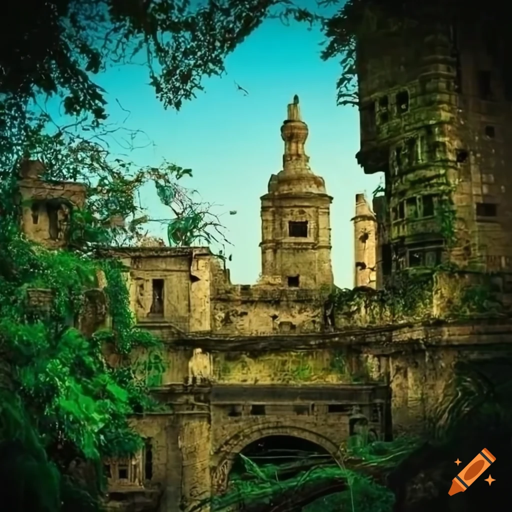 Steampunk ruins covered in overgrown jungle