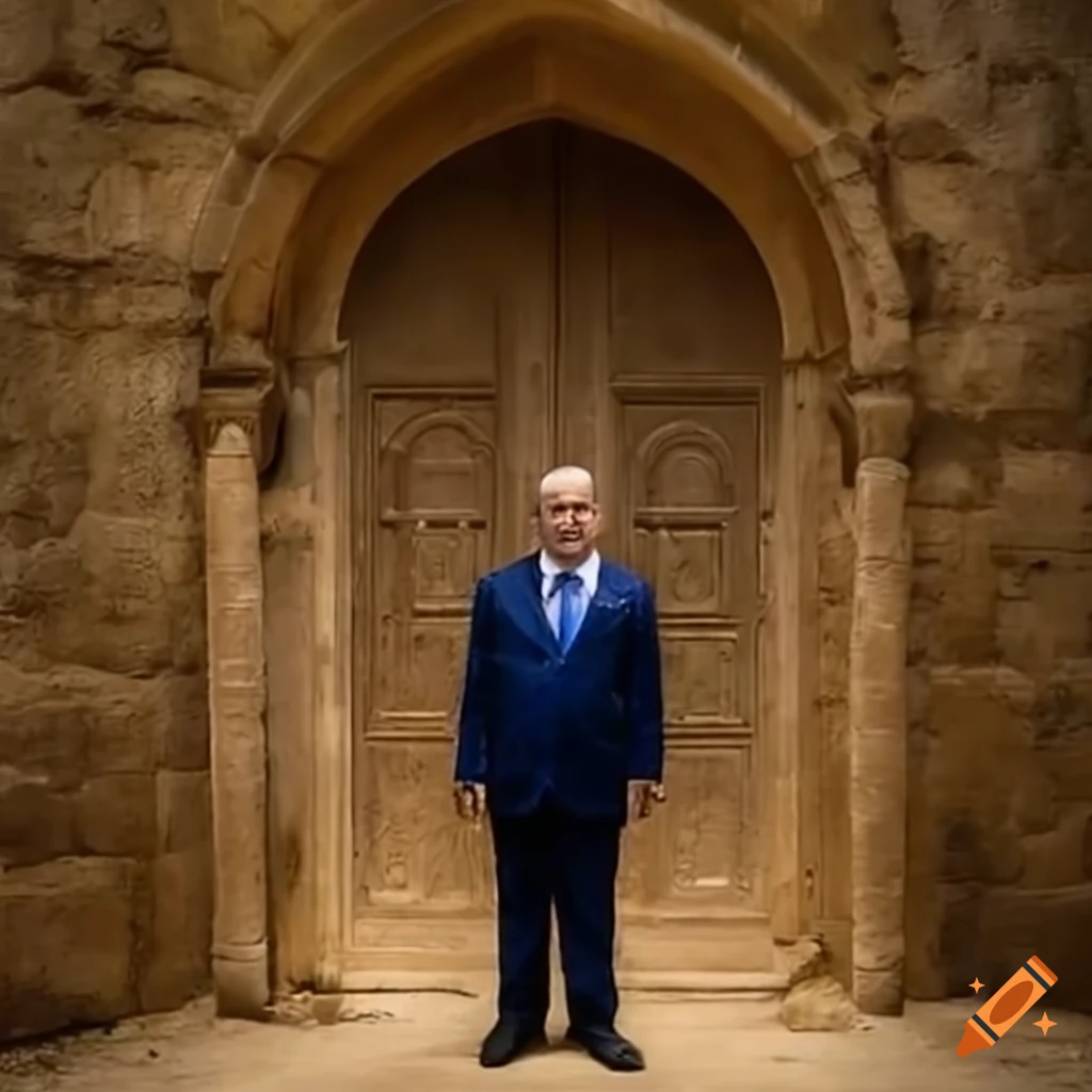Netanyahu in front of a castle door with jewish sign