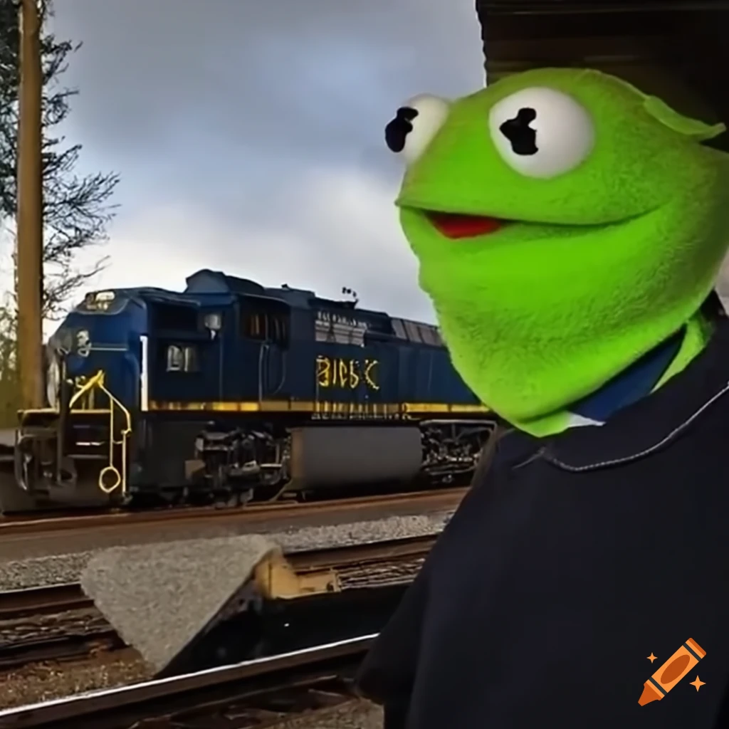 Kermit the frog taking a selfie with a CSX train on Craiyon