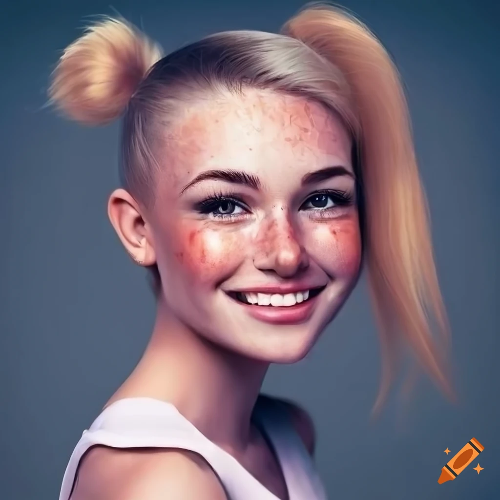 Portrait of a beautiful young woman with freckles and a ponytail on Craiyon