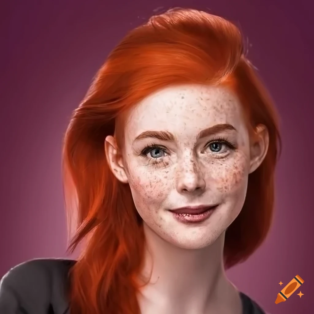 Portrait of a smiling young woman with red hair and freckles