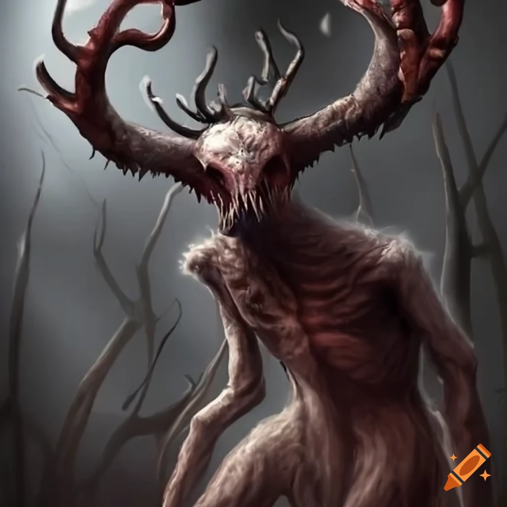 Tall shadow creature with white glowing eyes, mouth, and deer horn in a ...