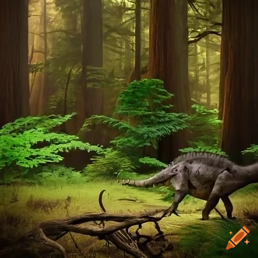 Three striped hadrosaurus dinosaurs in a field with fern undergrowth ...