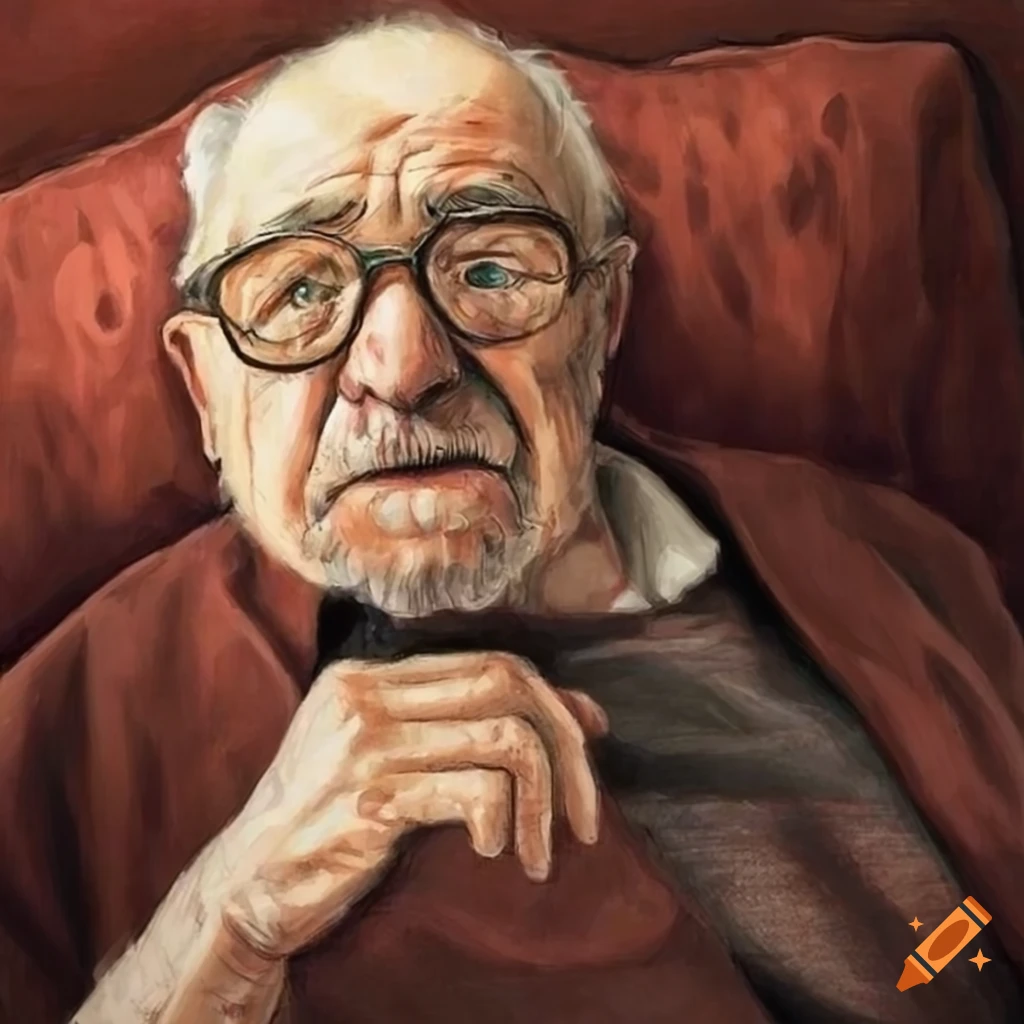 Pencil drawing of an old man relaxing on a sofa