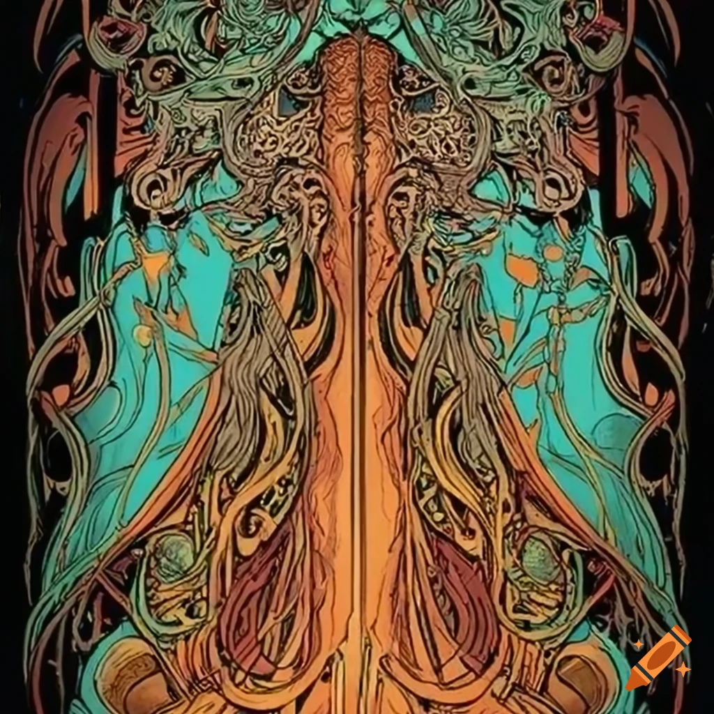 Oblong comic book panels with intricate art nouveau and norse designs