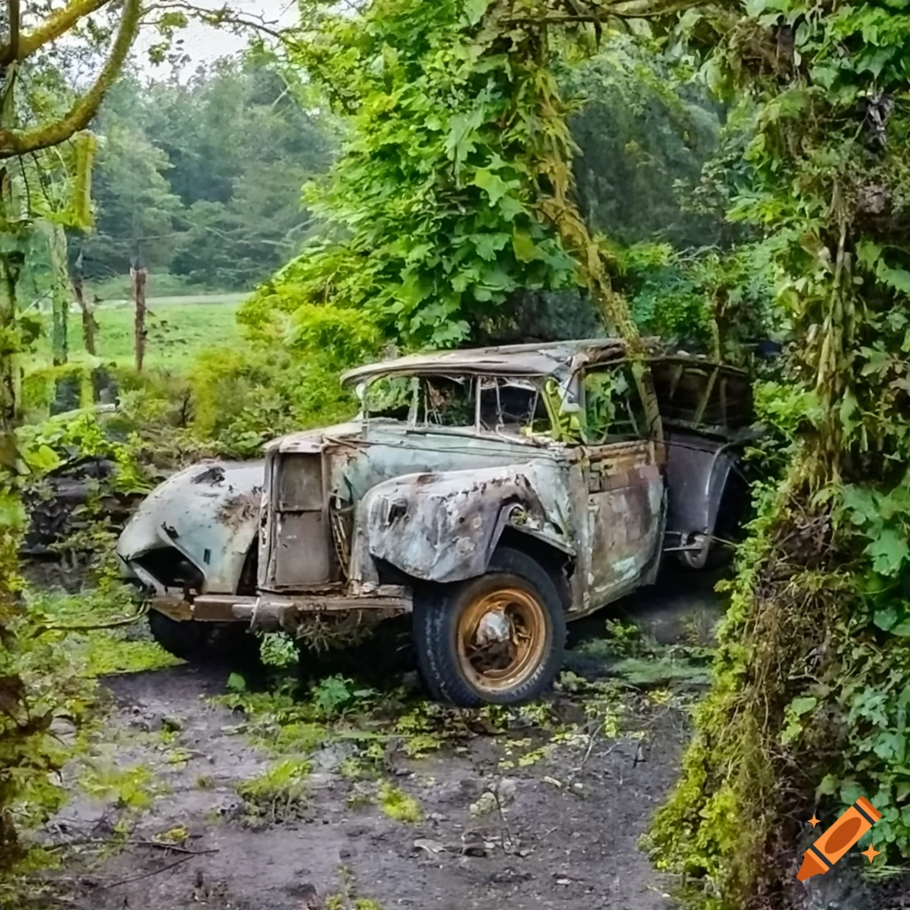 Decayed antique car in a mossy jungle with water pools on Craiyon