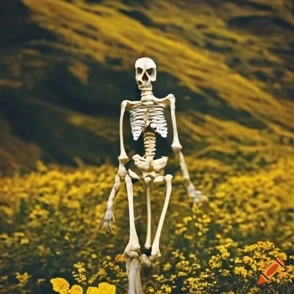 Artistic depiction of a skeleton surrounded by yellow flowers in a ...